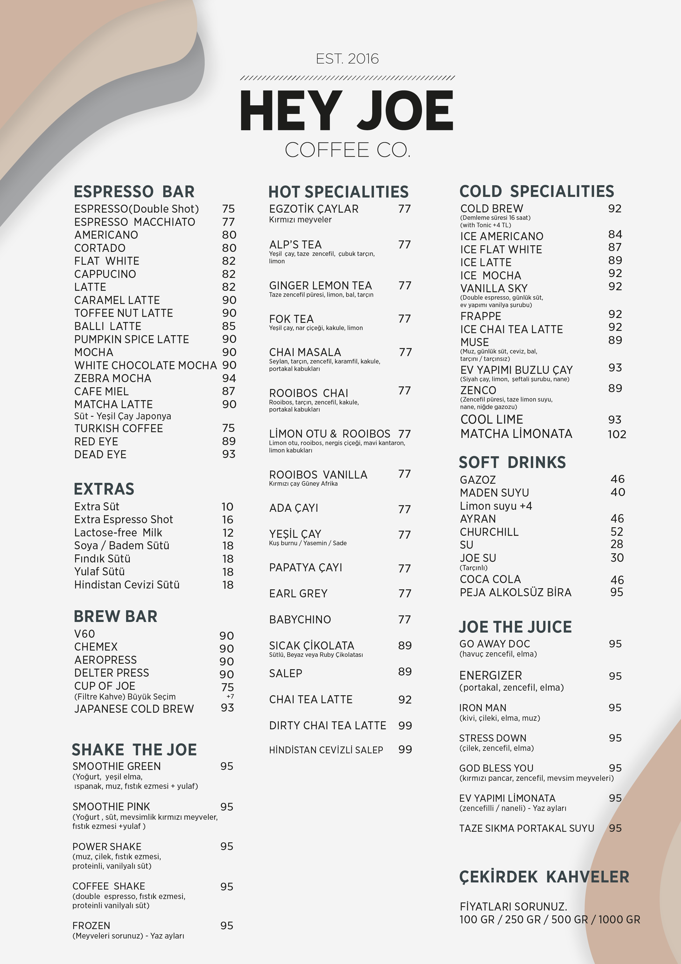 Moda Menü – Hey Joe Coffee Co.